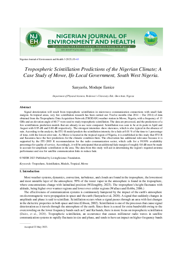 (PDF) Tropospheric Scintillation Predictions of the Nigerian Climate; A ...