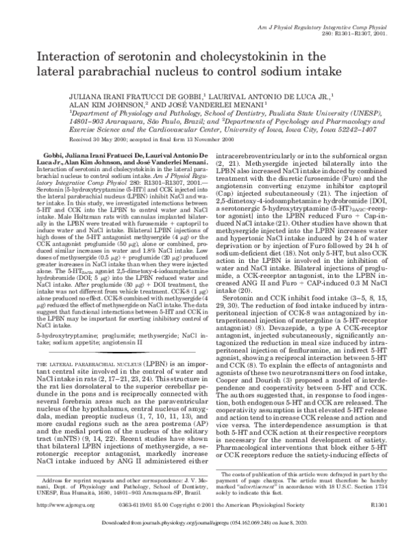 (PDF) Interaction of serotonin and cholecystokinin in the lateral parabrachial nucleus to ...