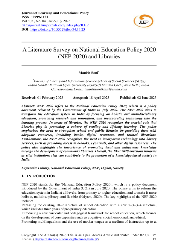 (PDF) A Literature Survey on National Education Policy 2020 (NEP 2020 ...