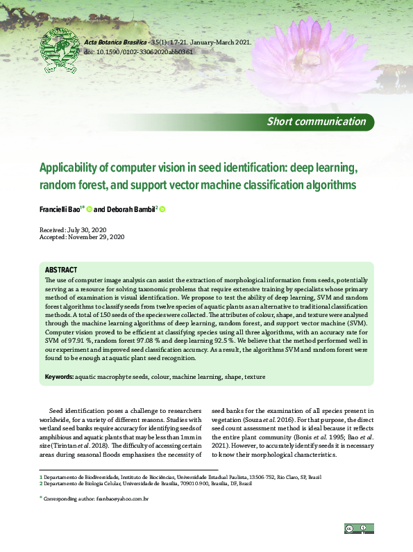 (PDF) Applicability of computer vision in seed identification: deep learning, random forest, and ...
