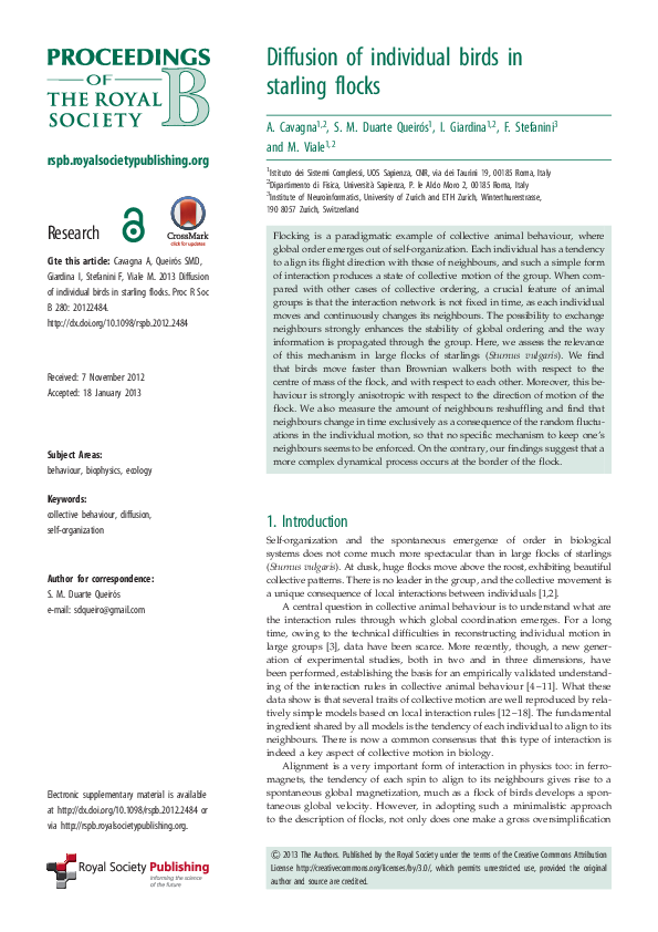 (PDF) Diffusion of individual birds in starling flocks