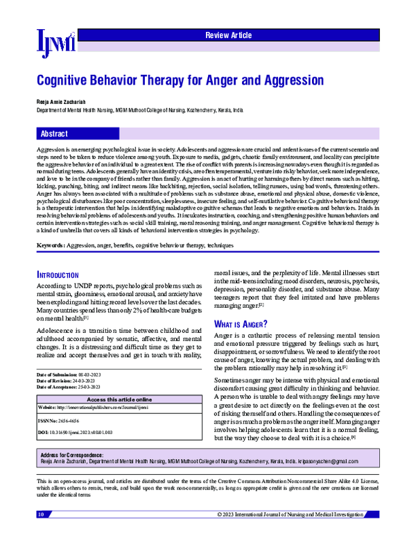 (PDF) Cognitive Behavior Therapy for Anger and Aggression