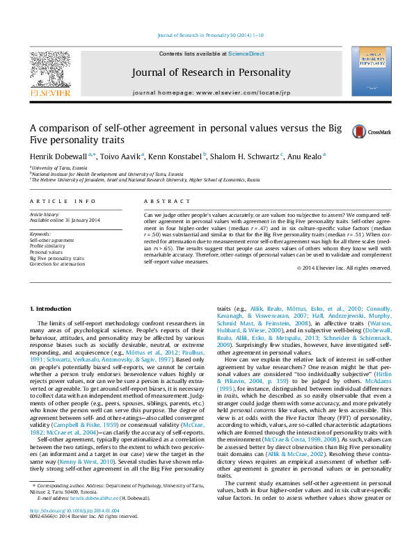 (PDF) A comparison of self-other agreement in personal values versus ...
