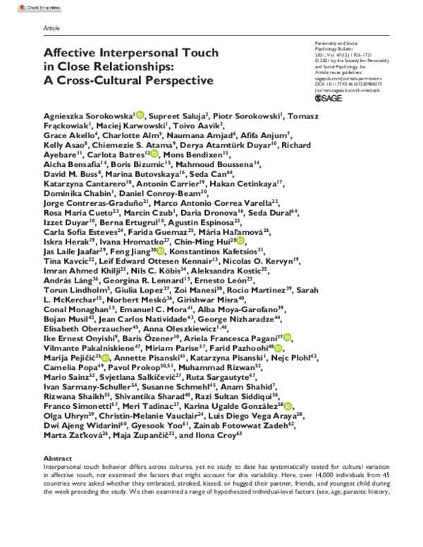 (PDF) Affective Interpersonal Touch in Close Relationships: A Cross ...