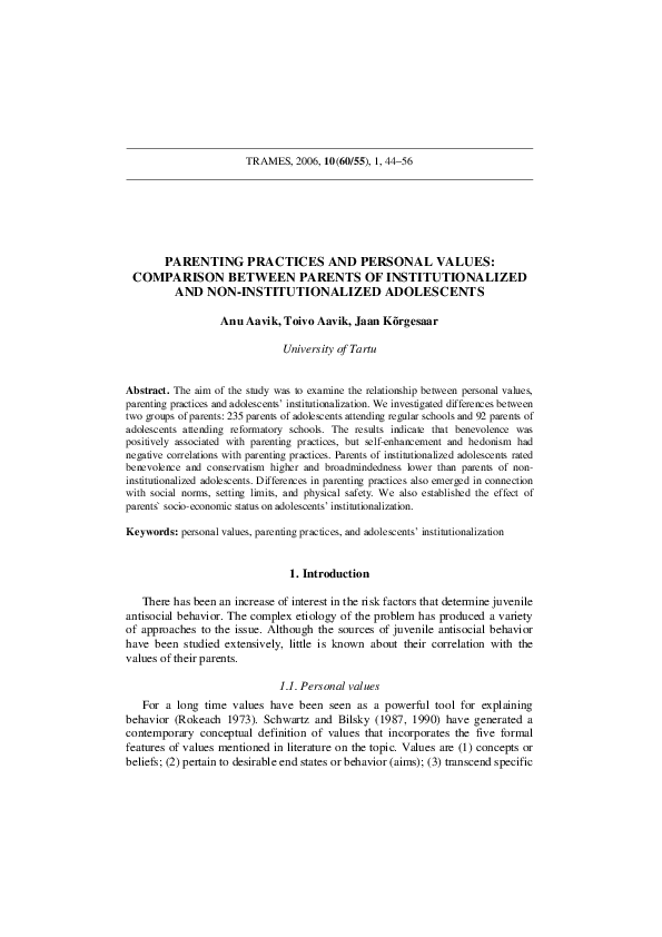 (PDF) Parenting Practices and Personal Values: Comparison Between Parents of Institutionalized ...
