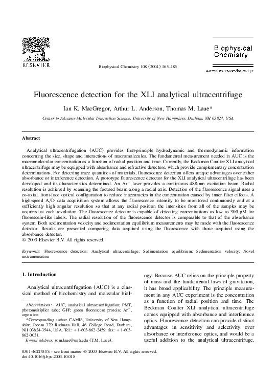 (PDF) Fluorescence detection for the XLI analytical ultracentrifuge
