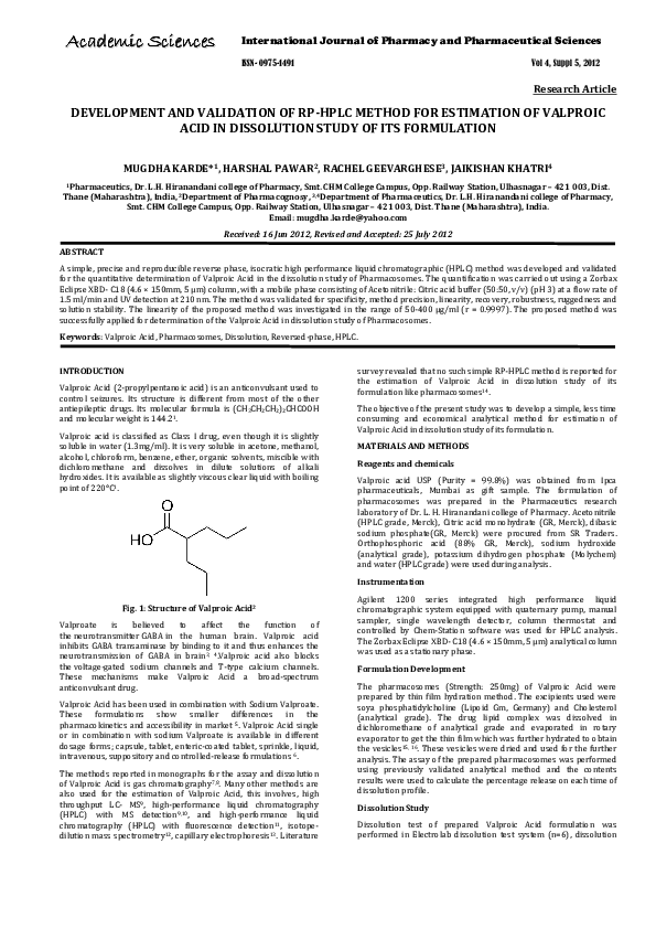(PDF) Development and Validation of RP-HPLC Method for Estimation of Valproic Acid in ...
