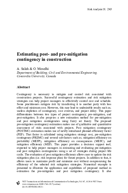 Estimating post- and pre-mitigation contingency in construction