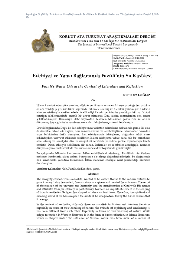 (PDF) Edebiyat ve Yansı Bağlamında Fuzûlî’nin Su Kasîdesi