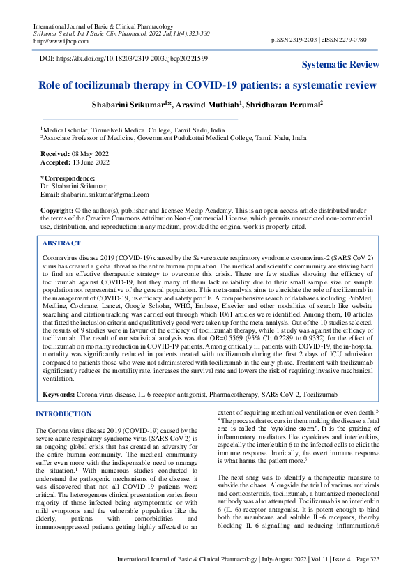 (PDF) Role of tocilizumab therapy in COVID-19 patients: a systematic review