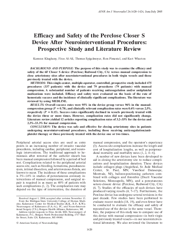 (PDF) Efficacy and safety of the perclose closer s device after ...
