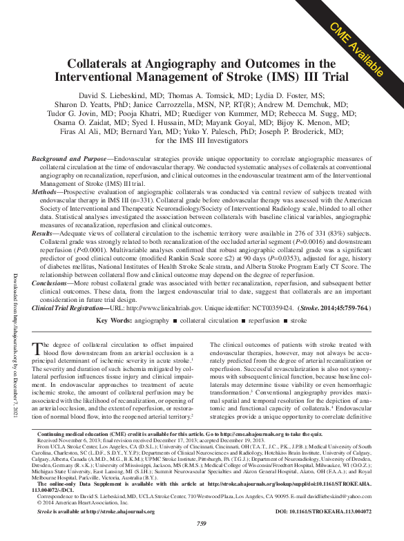 (PDF) Collaterals at Angiography and Outcomes in the Interventional ...