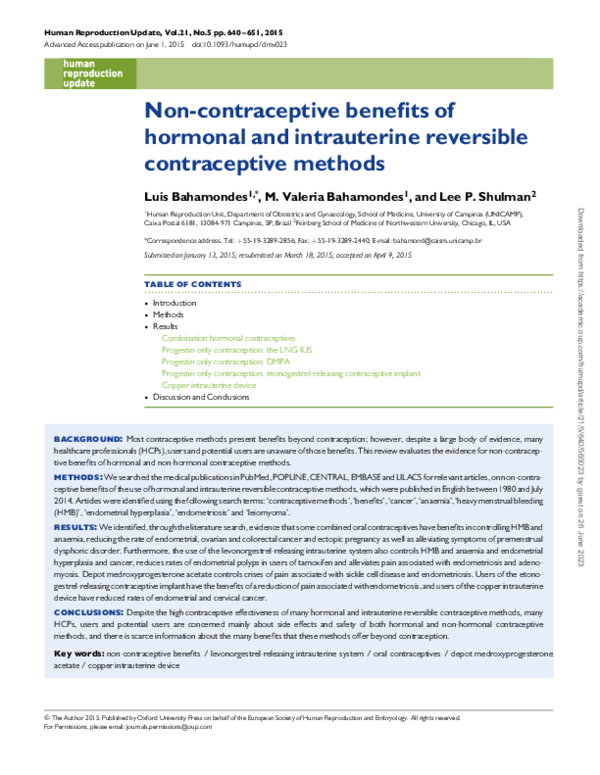 (PDF) Non-contraceptive benefits of hormonal and intrauterine ...