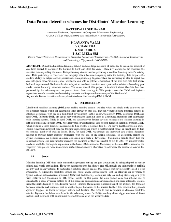 (PDF) Data Poison detection schemes for Distributed Machine Learning