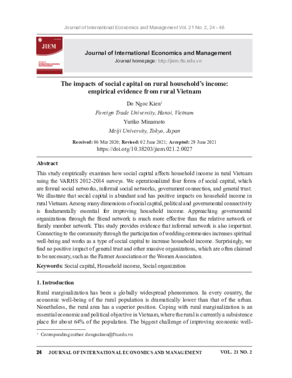 (PDF) The impacts of social capital on rural household's income: empirical evidence from rural ...