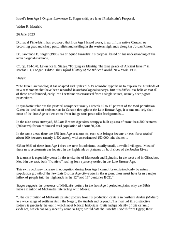 Israel's Iron Age I Origins: Lawrence E. Stager critiques Israel ...