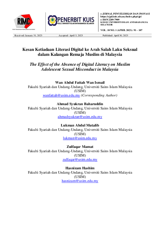 (PDF) Kesan Ketiadaan Literasi Digital ke Arah Salah Laku Seksual dalam Kalangan Remaja Muslim ...