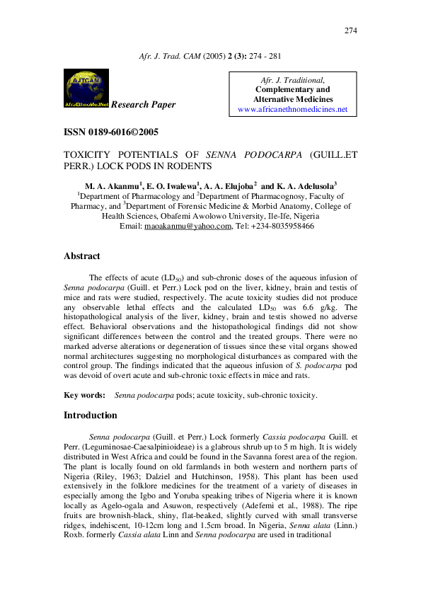 (PDF) Toxicity potentials of Senna podocarpa (Guill.et Perr.) Lock pods ...