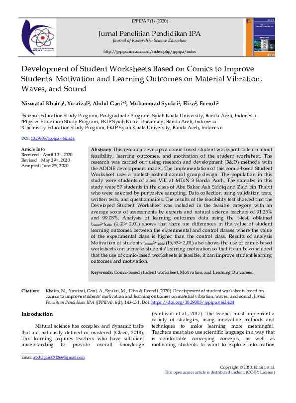 (PDF) Development of Student Worksheets Based on Comics to Improve Students' Motivation and ...