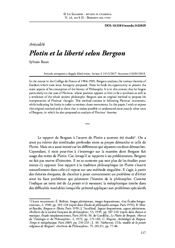 (PDF) Plotin Et La Liberté Selon Bergson