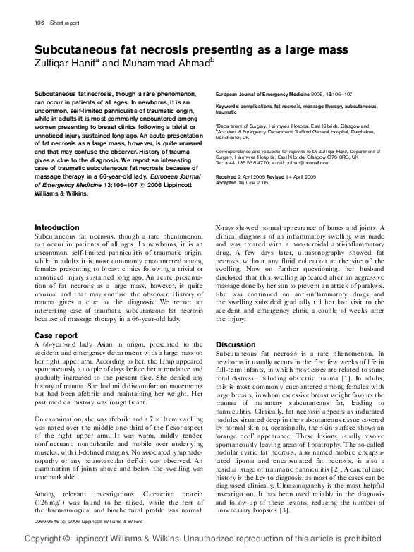 (PDF) Subcutaneous fat necrosis presenting as a large mass