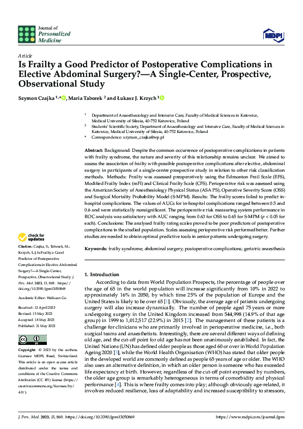 Pdf Is Frailty A Good Predictor Of Postoperative Complications In