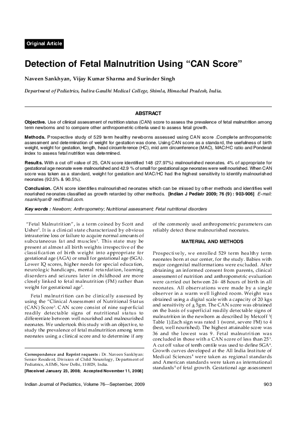 (PDF) Detection of fetal malnutrition using “CAN score”