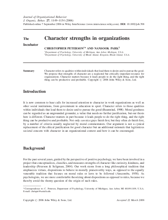 (PDF) Character strengths in organizations