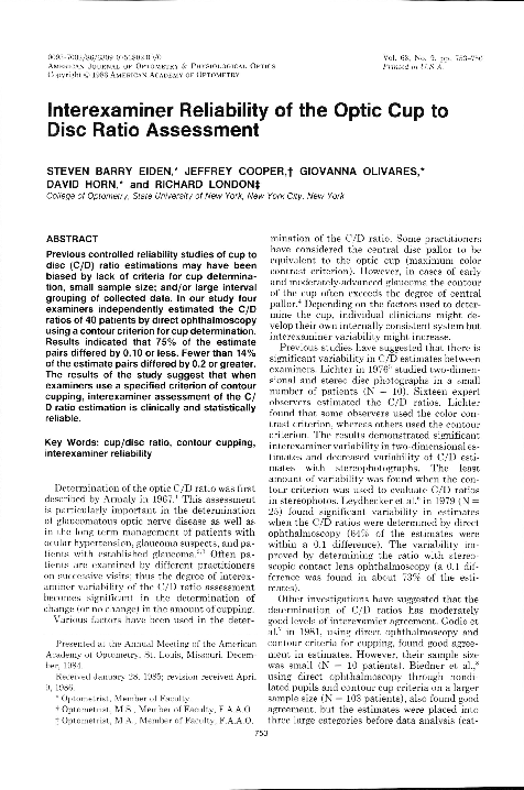 (PDF) Interexaminer Reliability of the Optic Cup to Disc Ratio Assessment