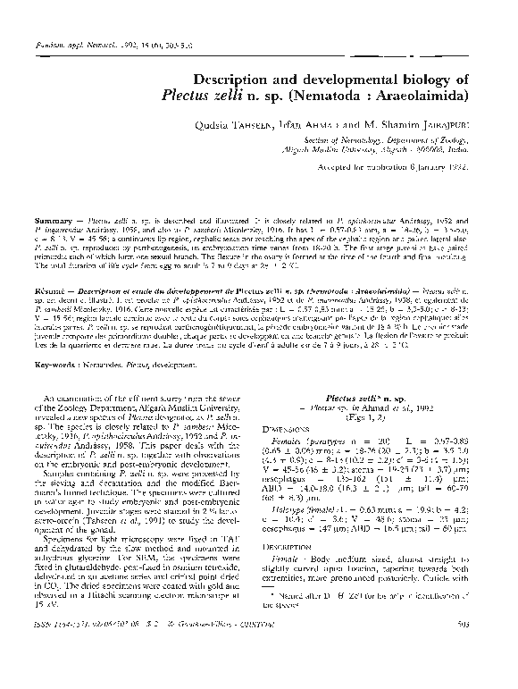 (PDF) Description and developmental biology of Plectus zelli n. sp ...