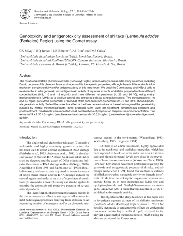 (PDF) Genotoxicity and antigenotoxicity assessment of shiitake (Lentinula edodes (Berkeley ...
