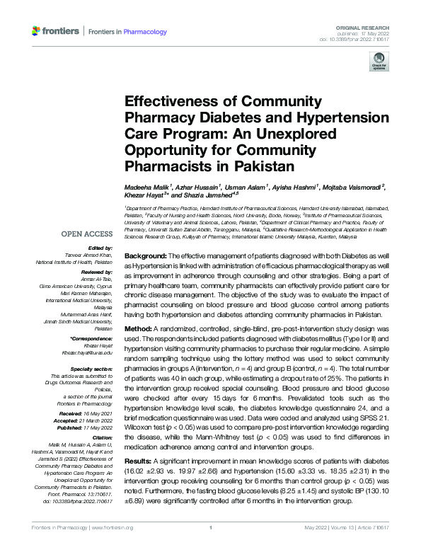 (PDF) Effectiveness of Community Pharmacy Diabetes and Hypertension ...