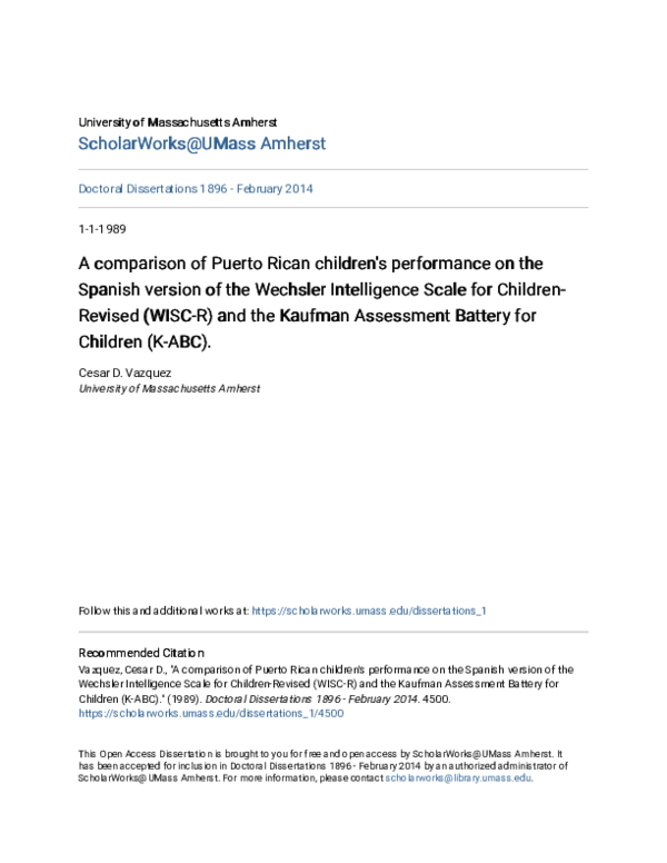 (PDF) A comparison of Puerto Rican children's performance on the ...