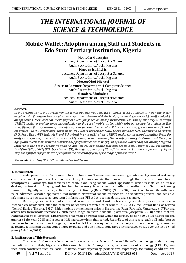 (PDF) Mobile Wallet: Adoption among Staff and Students in Edo State ...