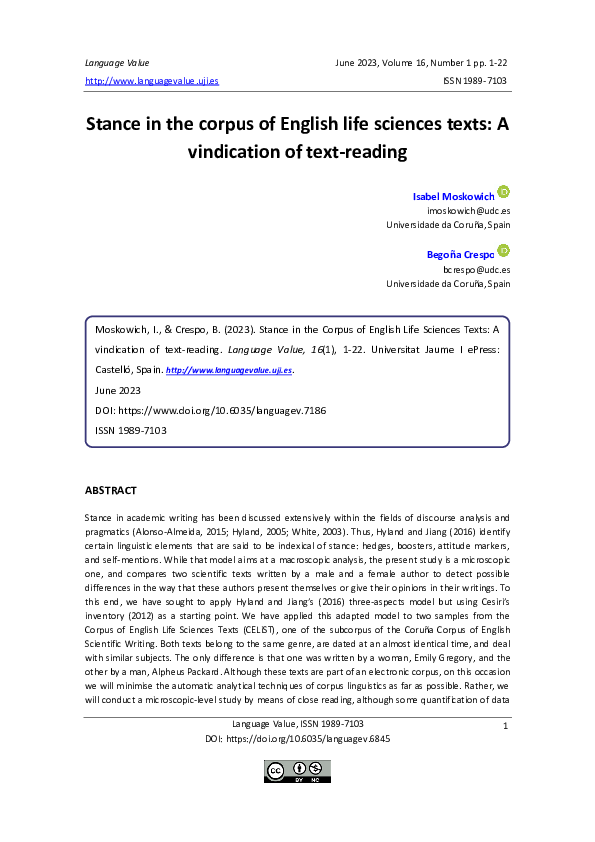 (PDF) Stance in the corpus of English life sciences texts: A ...