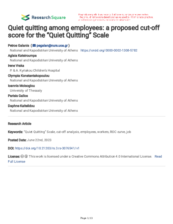 (PDF) Quiet quitting among employees: a proposed cut-off score for the ...