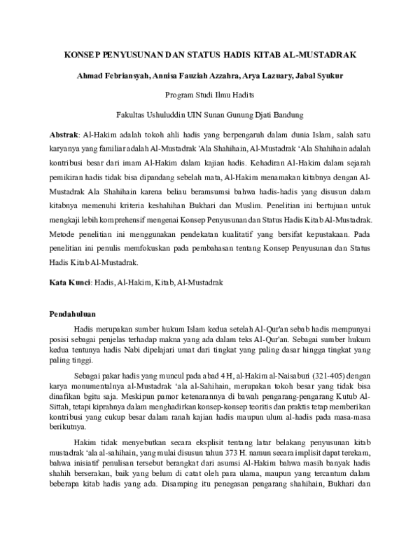 (PDF) KONSEP PENYUSUNAN DAN STATUS HADIS KITAB AL-MUSTADRAK