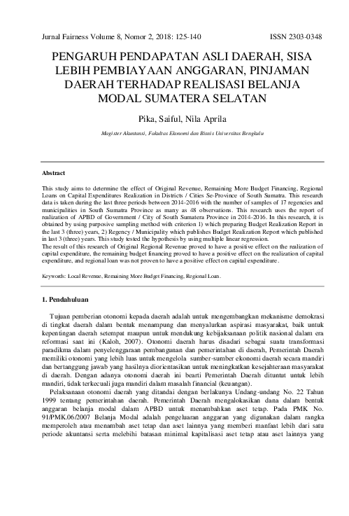 (PDF) Pengaruh Pendapatan Asli Daerah, Sisa Lebih Pembiayaan Anggaran, Dana Alokasi Umum Dan ...