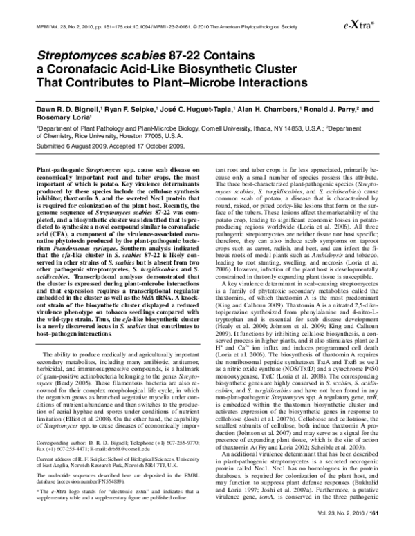 (PDF) Streptomyces scabies 87-22 Contains a Coronafacic Acid-Like ...