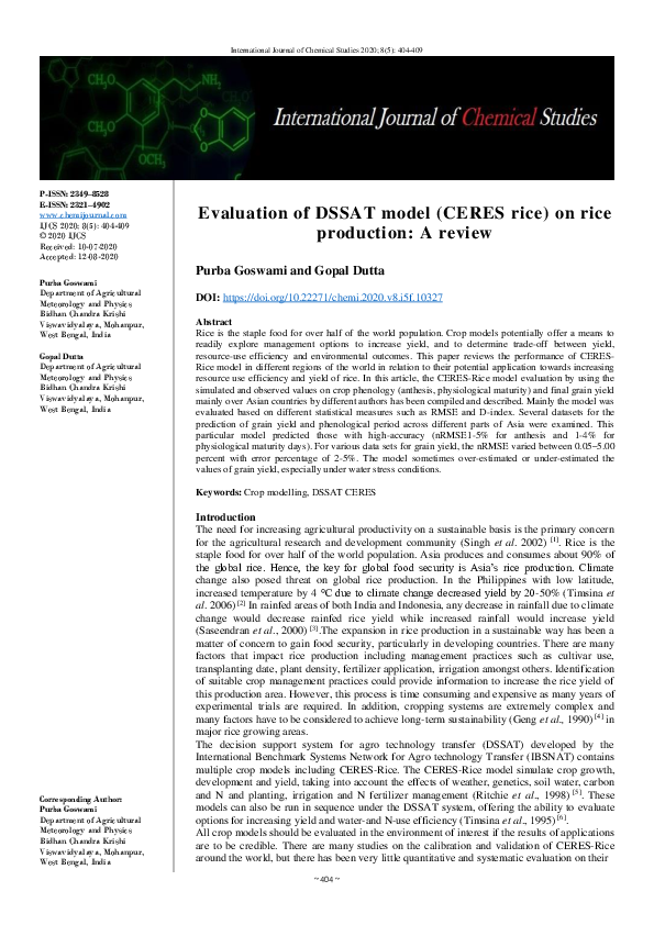 Pdf Evaluating The Ceres Rice Model For Yield