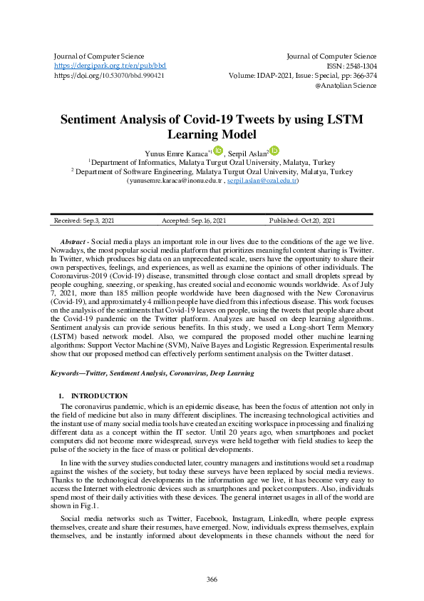 (PDF) Sentiment Analysis of Covid-19 Tweets by using LSTM Learning Model | Emre karaca ...