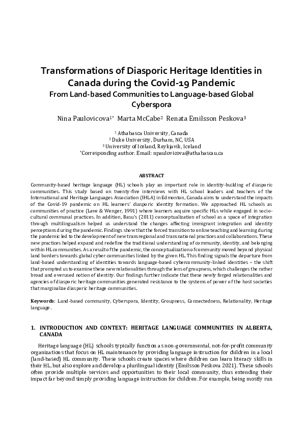 (PDF) Transformations of Diasporic Heritage Identities in Canada during ...