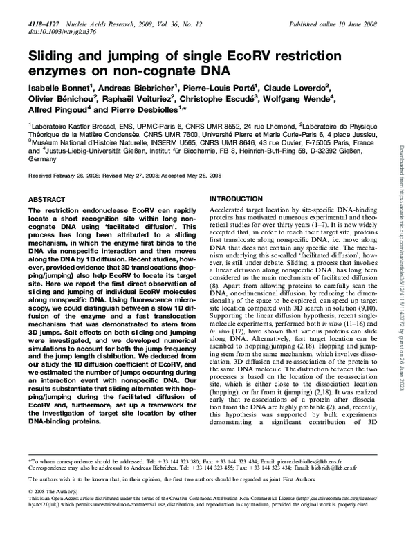 (PDF) Sliding and jumping of single EcoRV restriction enzymes on non ...