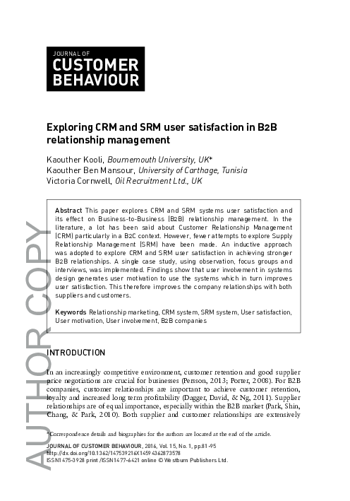 (PDF) Exploring CRM and SRM user satisfaction in B2B relationship management | Kaouther BEN ...