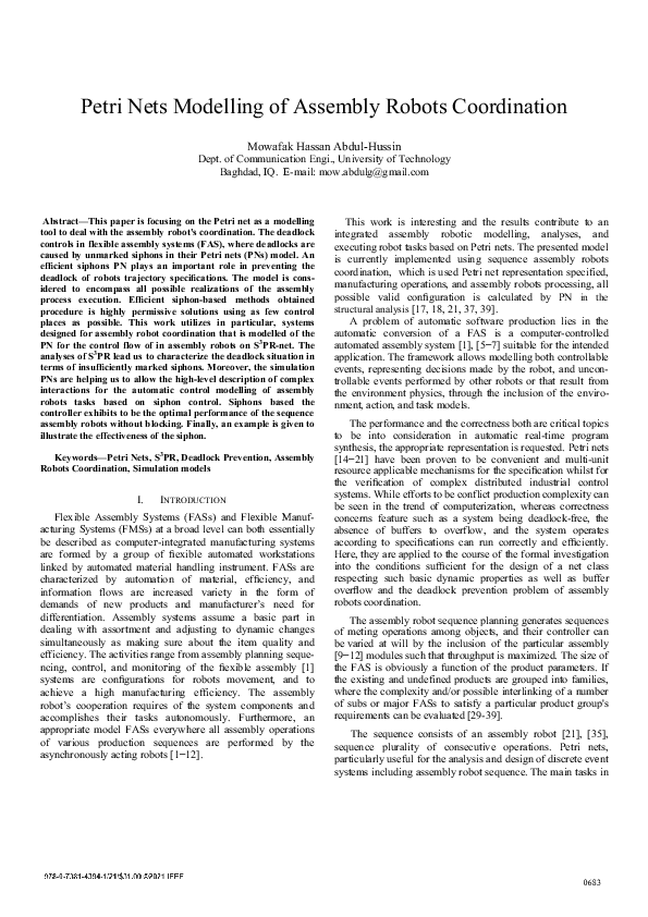 (PDF) Petri Nets Modelling of Assembly Robots Coordination