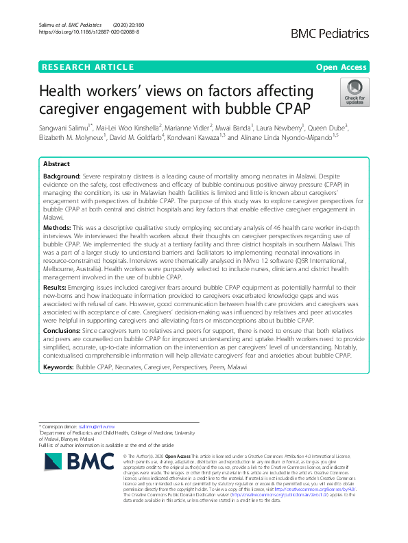 (PDF) Health workers’ views on factors affecting caregiver engagement with bubble CPAP ...