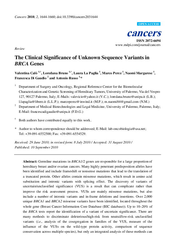 (PDF) The Clinical Significance of Unknown Sequence Variants in BRCA Genes