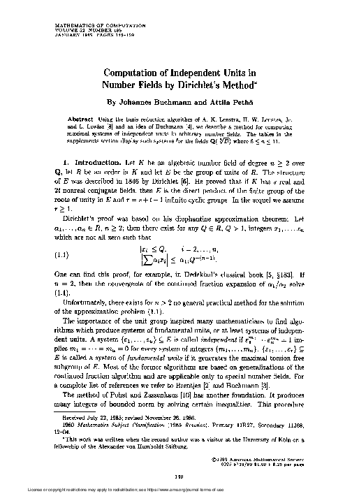 (PDF) Computation of independent units in number fields by Dirichlet’s ...
