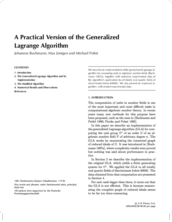 Pdf A Practical Version Of The Generalized Lagrange Algorithm