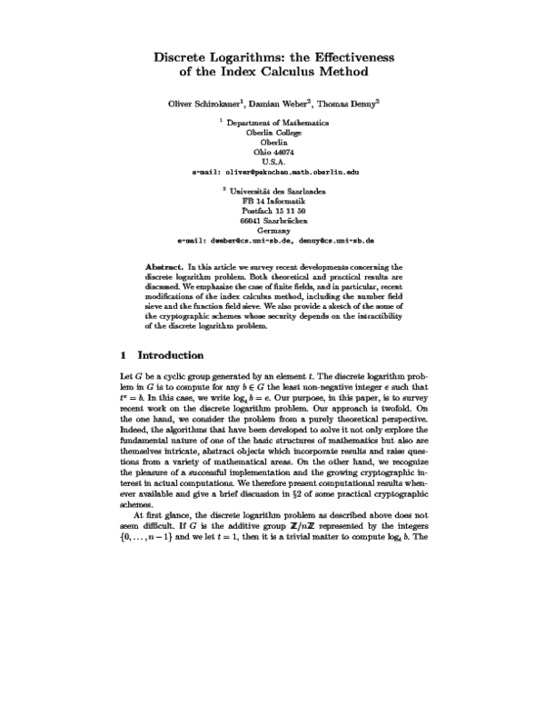 Pdf Discrete Logarithms The Effectiveness Of The Index Calculus Method